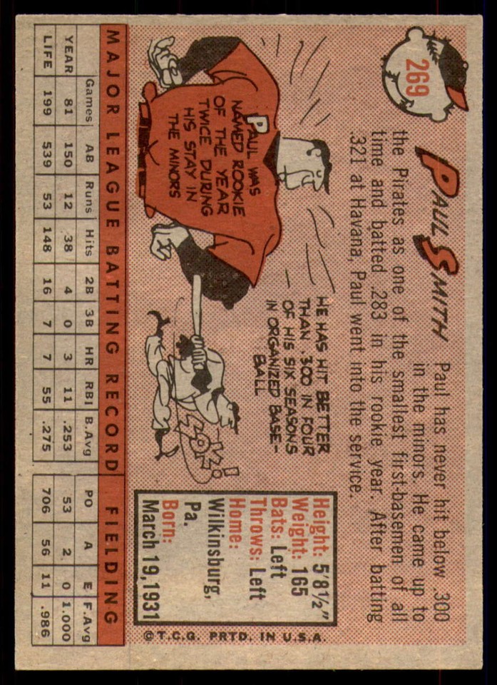 1958 Topps #269 Paul Smith Ex-Mint Pirates ID:239182 | eBay