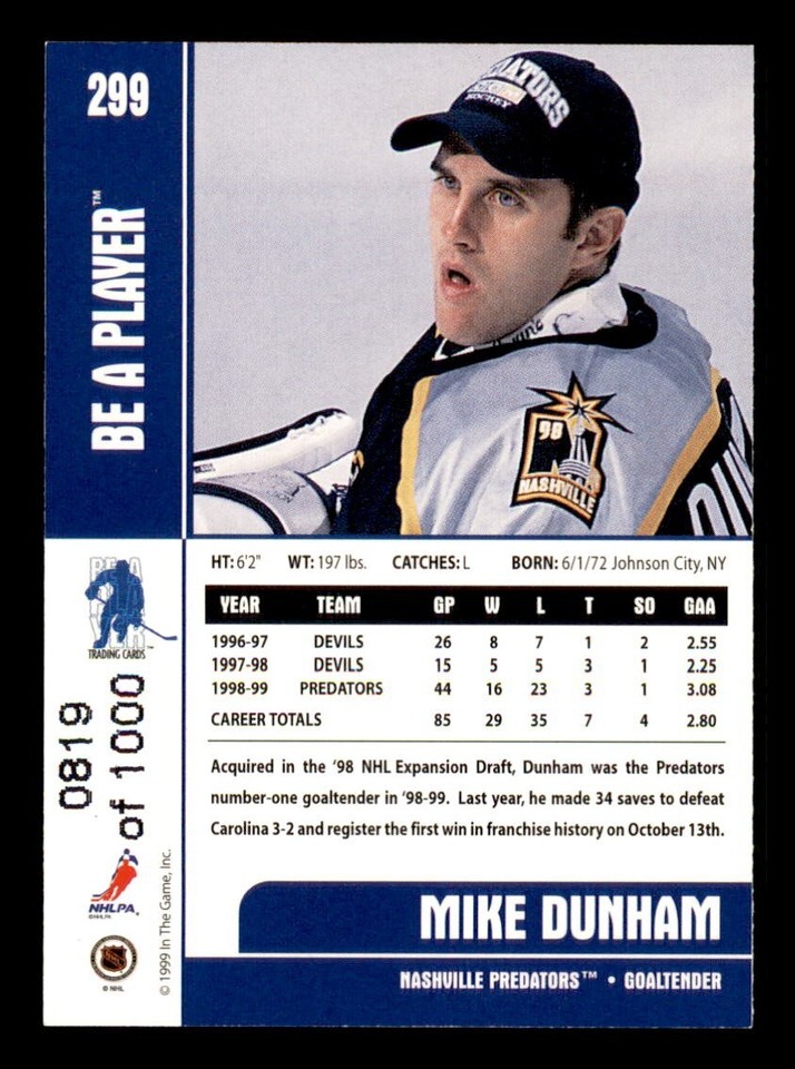 1999-00 BAP Memorabilia Silver #299 Mike Dunham Nashville Predators ...