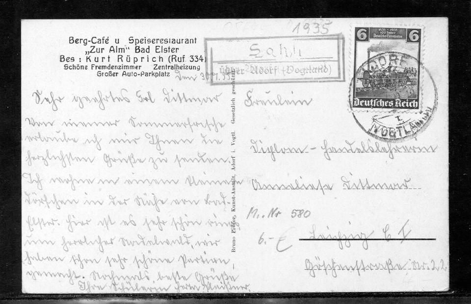 (885n)Bad Elster in Sa. Sommerfrische Zur Alm, gel. 1936, gute Erh ...