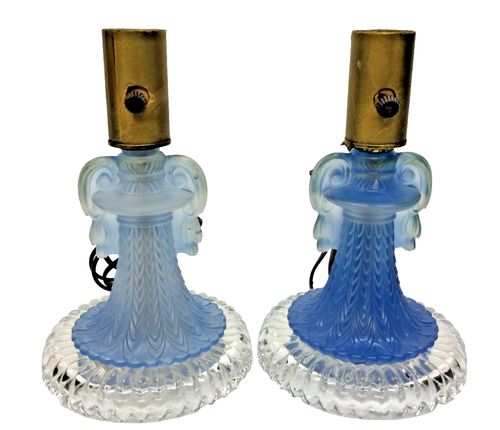 Glass Lamp Bases Pair Depression Era Art Deco Blue Glass Ready to Use ...