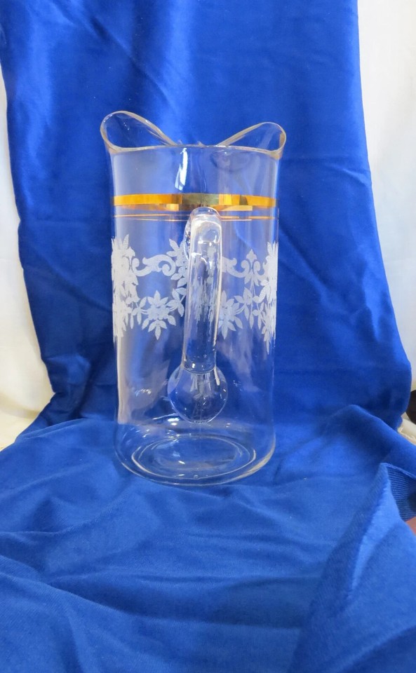 Vintage Tall Lemonade Pitcher Floral Band Gold Gilt Bands Ice Lip Blown ...
