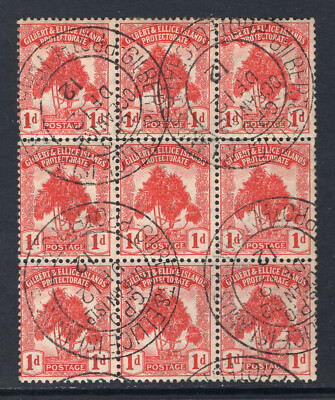 M11206 Gilbert & Ellice Islands 1911 SG9 - 1d carmine in a block of 9 ...