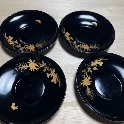 Wajima Nuri Black Lacquer Tea Coaster Set 4pcs Gold Floral Decorative ...