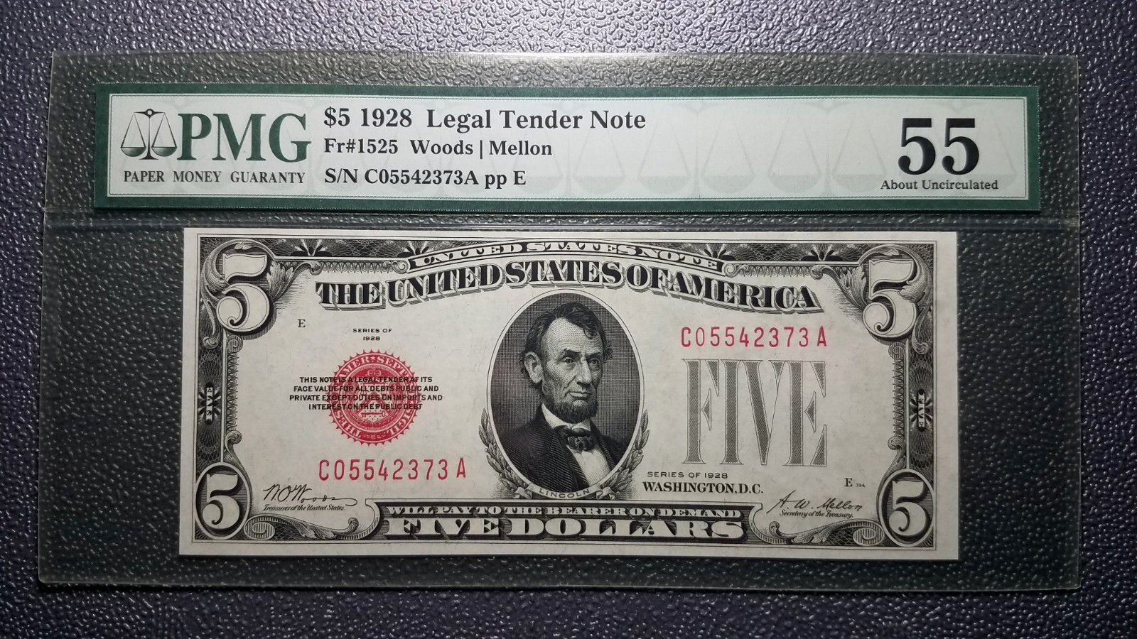 1928 $5 Fr #1525 Legal Tender Bank Note - Woods & Mellon - PMG AU 55 ...