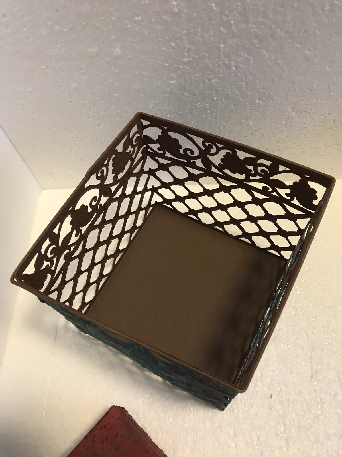 distressed open weave metal box with Metal Flower On lid 6.5 x 6.5 x 5. ...