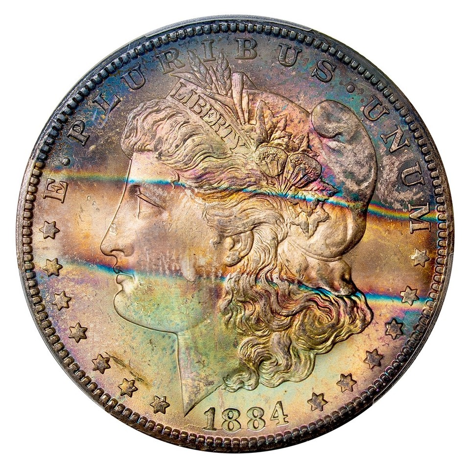 1884-CC PCGS MS65 MORGAN $ CARLSON CITY BLAZER!! RADIANT RAINBOW TONING ...