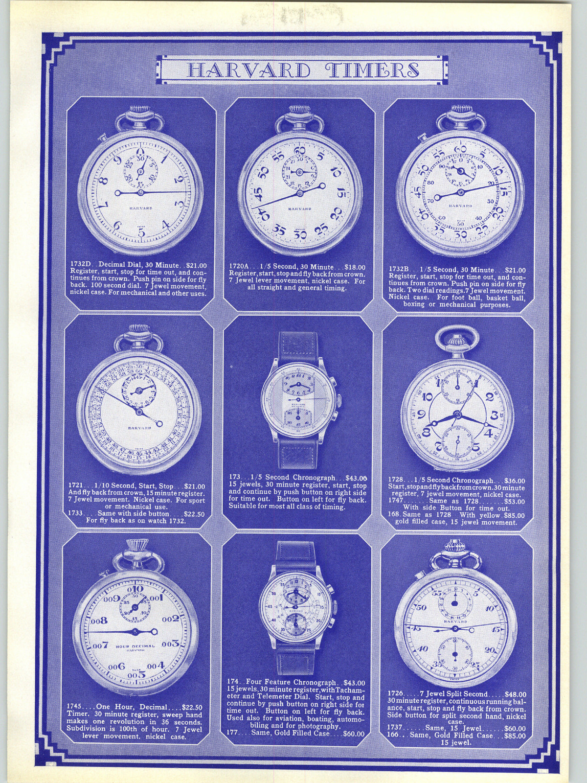1939 PAPER AD Harvard Timers Pocket Wrist Chronograph 3 Dial 15 Jewel ...