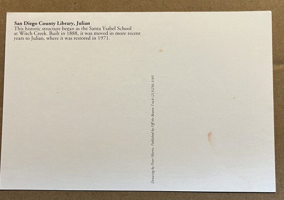 UNUSED POSTCARD - SAN DIEGO COUNTY LIBRARY, JULIAN, CAL. - PETER MORRIS ...