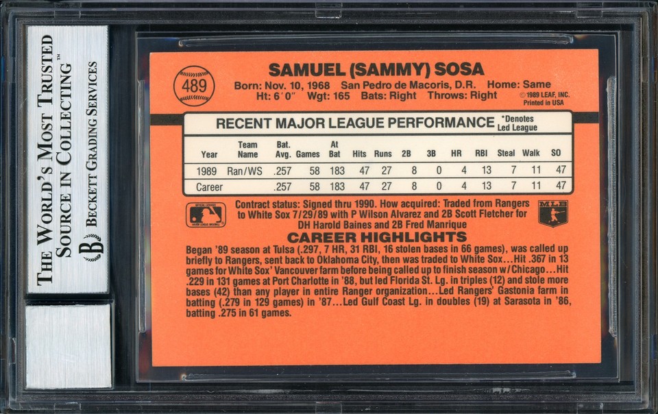 Sammy Sosa Signed 1990 Donruss RC 489 Chicago White Sox Auto 10 Beckett ...