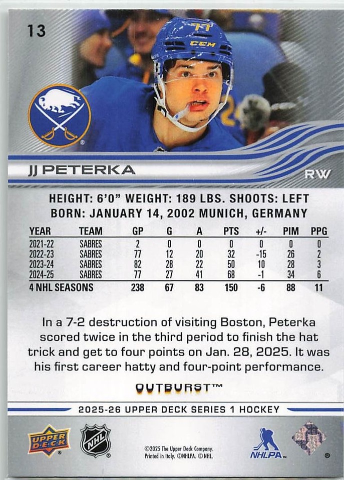 2025-26 Upper Deck Series 1 OUTBURST JJ Peterka | eBay