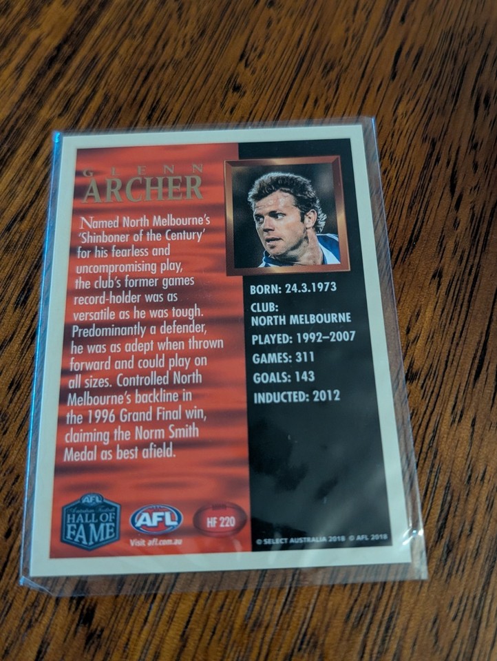NORTH MELBOURNE - GLENN ARCHER SIGNED AFL SELECT 2018 HALL OF FAME CARD ...