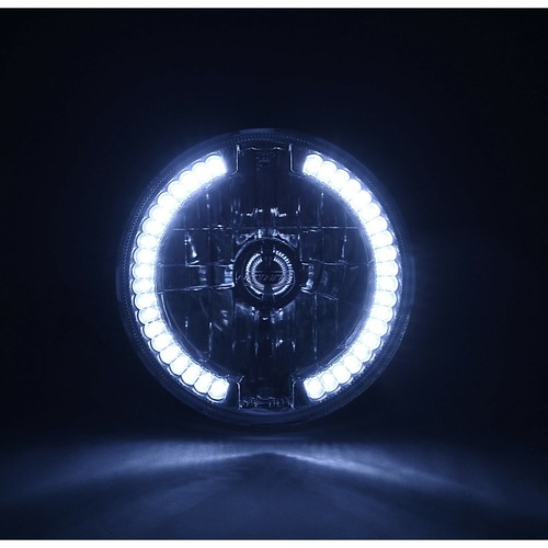 7" Halogen White LED Halo Angel Eyes Headlight Headlamp H4 Light Bulbs ...