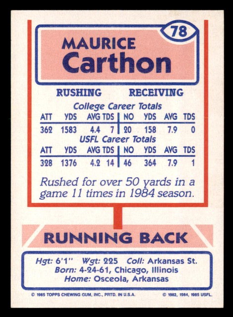 1985 Topps USFL - #78 Maurice Carthon (RC) for sale online | eBay