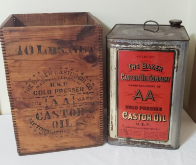 Antique Baker Castor Oil Can With Advertising Wood finger joints Box | eBay