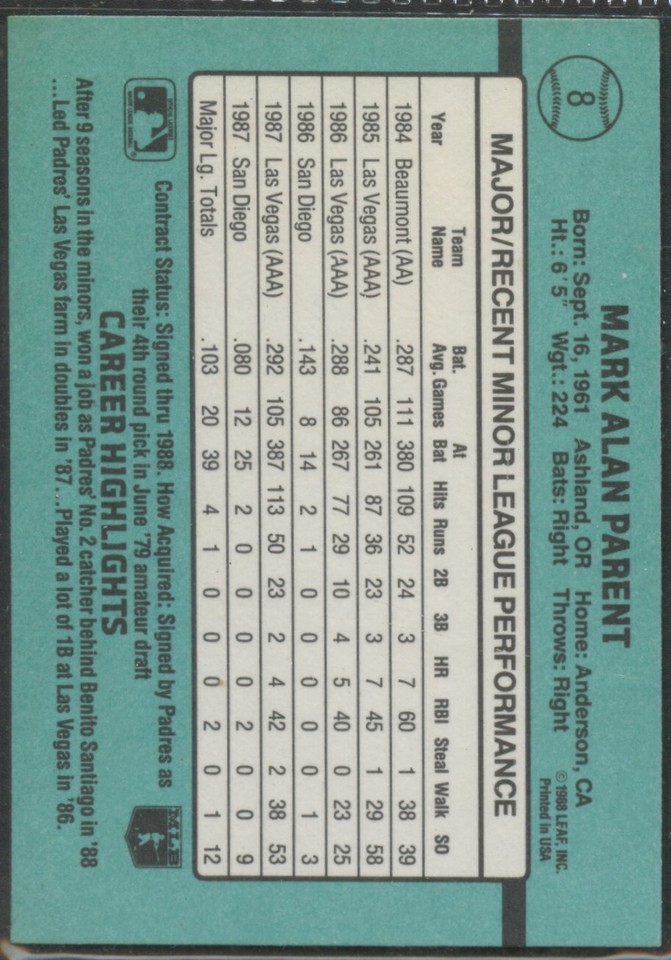 1988 Donruss The Rookies #8 Mark Parent San Diego Padres | eBay