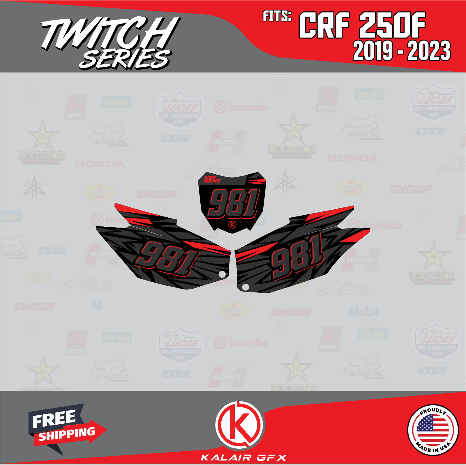 Graphics Kit for HONDA CRF250F (2019-2024) Twitch - Red | eBay