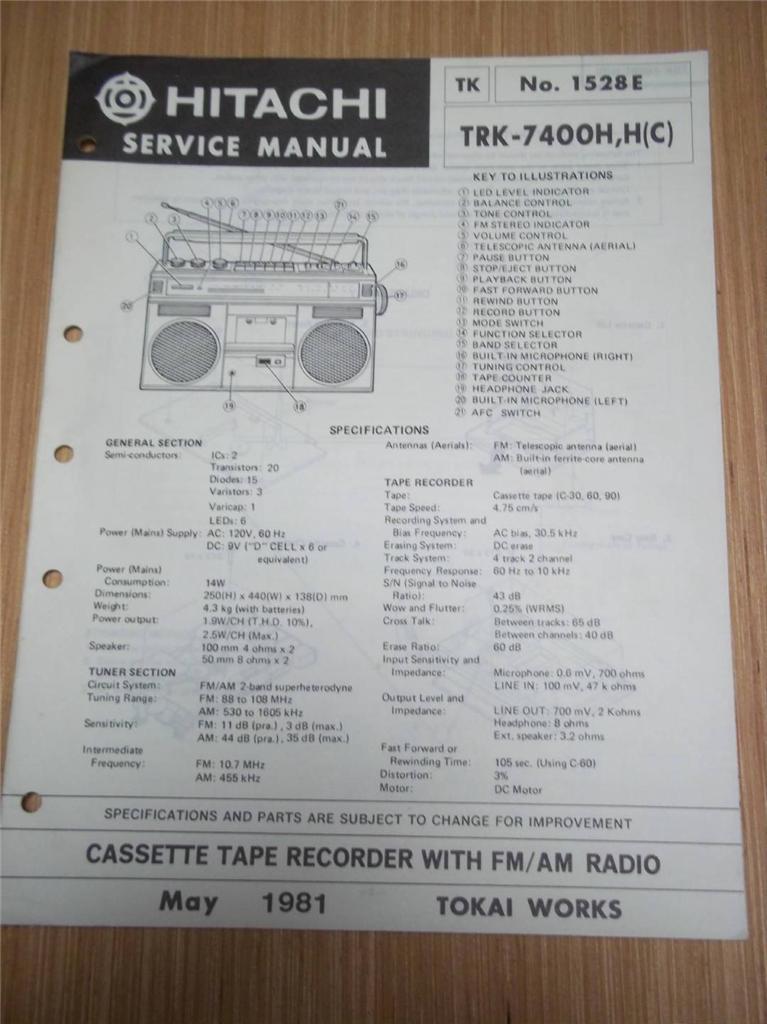 Hitachi Service Manual~TRK-7400H/HC Cassette Tape Recorder/Radio ...
