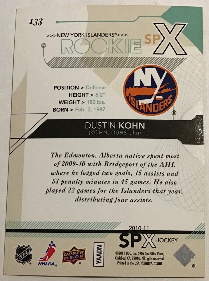 2010-11 DUSTIN KOHN UPPER DECK SPX ROOKIE #133 ISLANDERS #005/499 | eBay