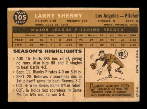 1960 Topps #105 Larry Sherry RC EX X2848756 | eBay