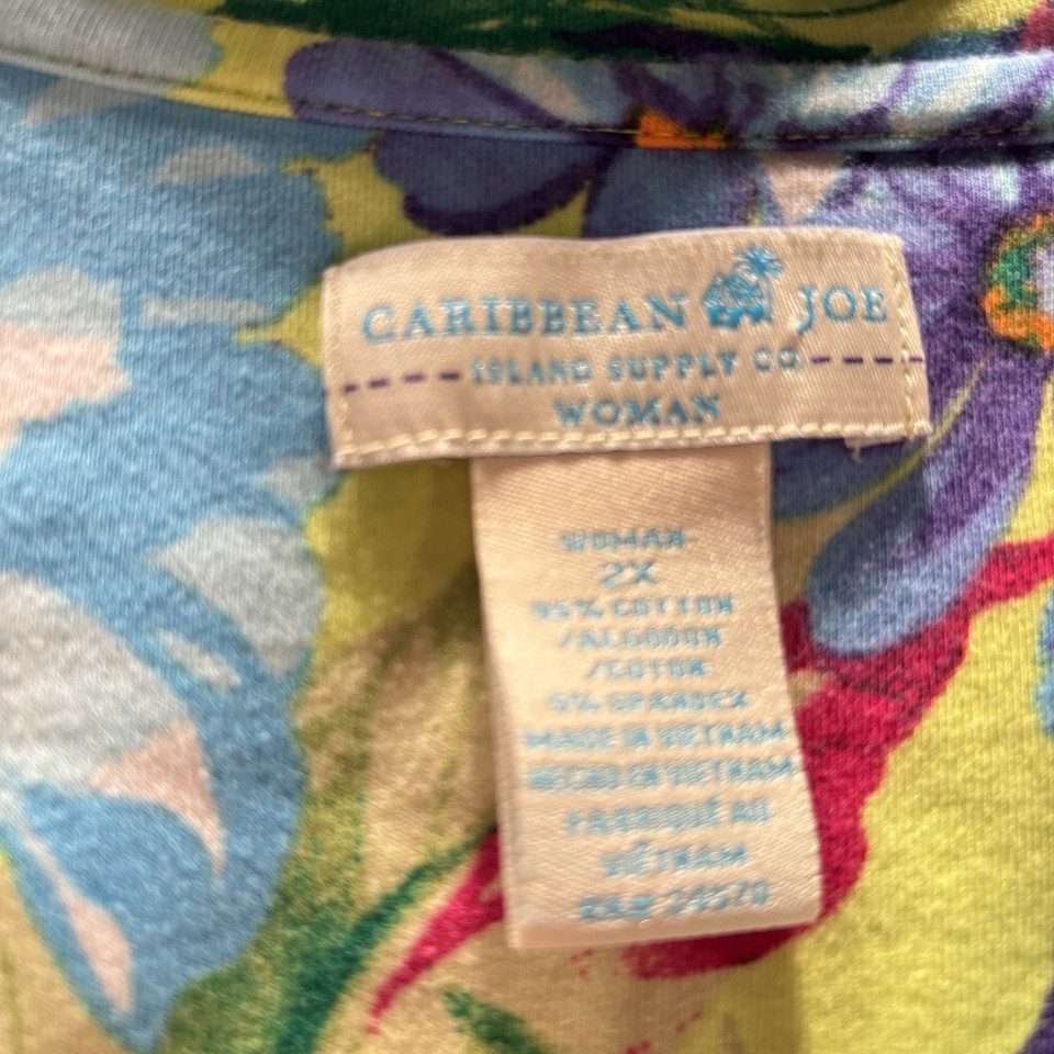 Caribbean Joe Size 2X Top Tropical Floral V-Neck Short Sleeve Pullover ...