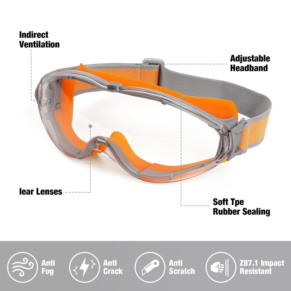 Industrial Grade Safety Goggles, Anti Fog Clear Lens Lab Goggles Fit ...