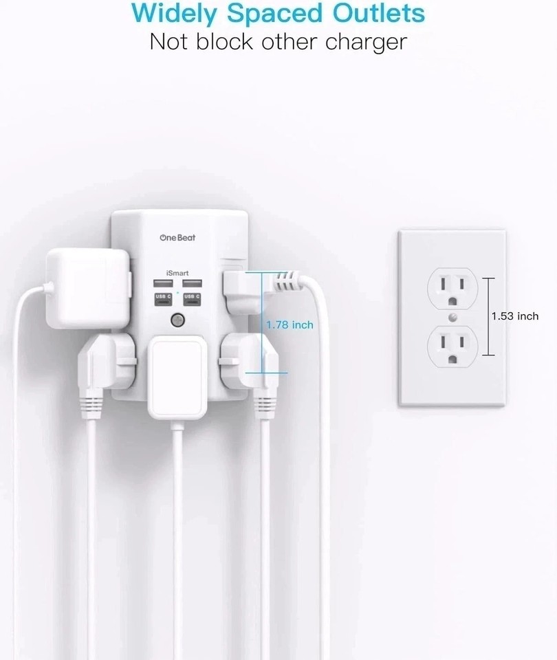 5 Outlet Extender Surge Protector Multi Plug Wall Adapter USB Charger ...