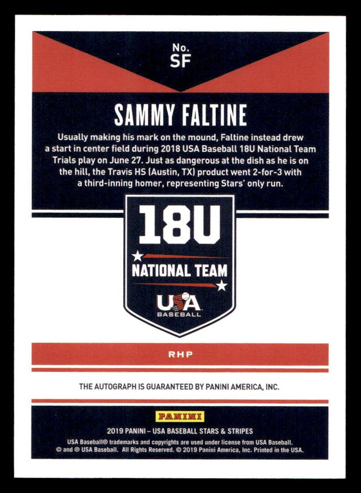 2019 Panini USA Baseball Stars & Stripes Sammy Faltine Auto Black Ink # ...