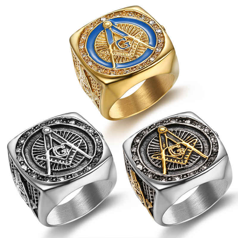 Masonic Ring Freemason Men's Stainless Steel Crystal Gold Mason G ...