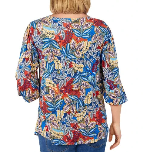 Ruby Rd Size 3X Blue Rust foliage print top, V neck, 3/4 gathered ...