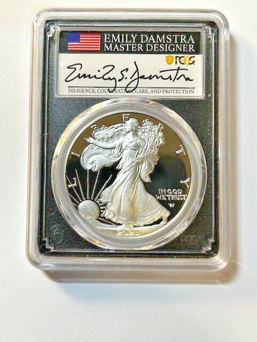2023-W SILVER EAGLE PCGS PR70 DCAM EMILY DAMSTRA SIGNED FDOI BLACK ...