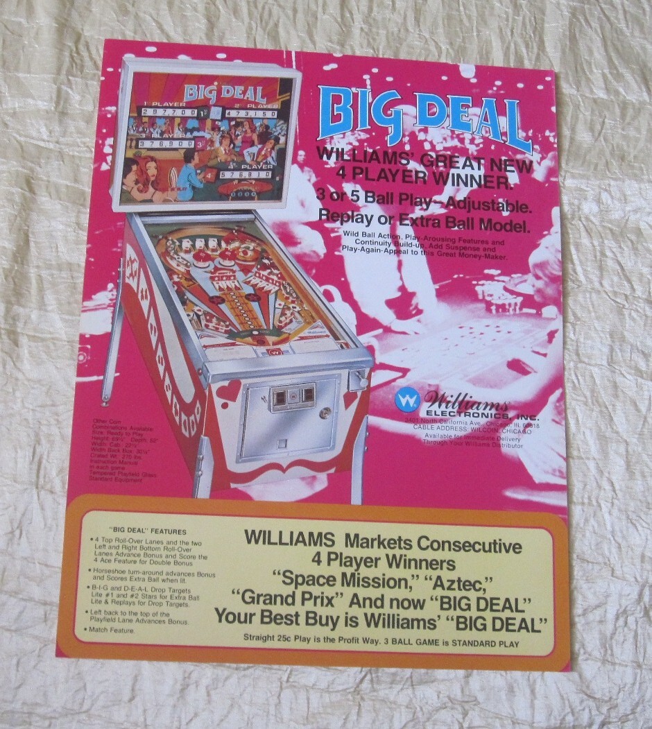 1977 WILLIAMS BIG DEAL PINBALL FLYER | eBay