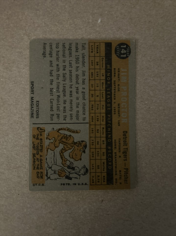 1960 Topps Baseball Jim Proctor Detroit Tigers Rookie Star Card #141 | eBay