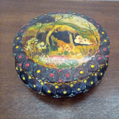 Vtg Romanian Wood Trinket Box Hand Painted/Carved, Scenic Scene, Signed ...