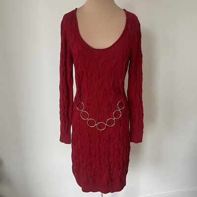 Milly Red Merino Wool Chain Belted Cable Knit Long Sleeve Sweater Dress ...