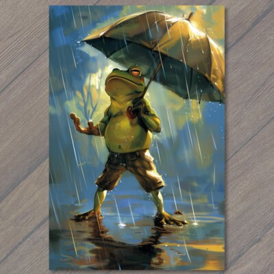 POSTCARD Frog Man Human Rain Umbrella Weird Strange Funny Ironic Out Of ...
