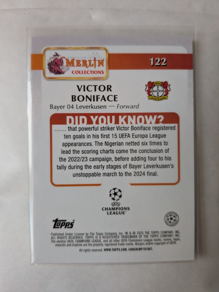 2024-25 Topps Merlin UCC 122 Victor Boniface, Bayer 04 Leverkus Merlin ...