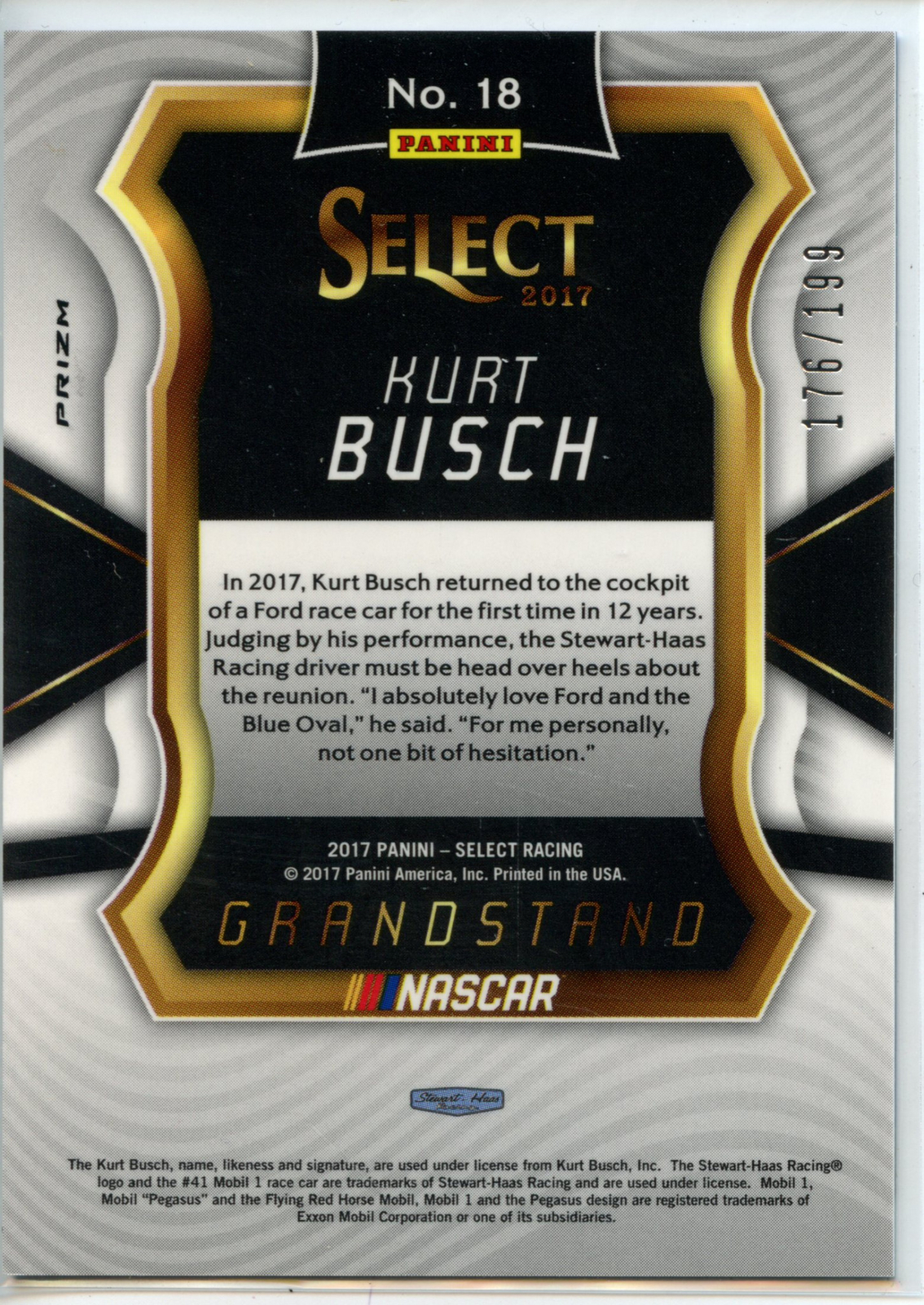 2017 Panini Select - Grandstand Kurt Busch #18 Blue Prizm /199 for sale ...