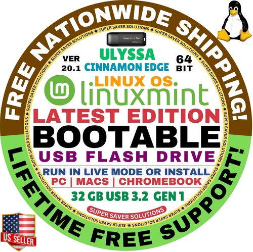 Linux MINT 20.1 USB Ulyssa Cinnamon Edge 64-Bit Live Boot, Full Install ...