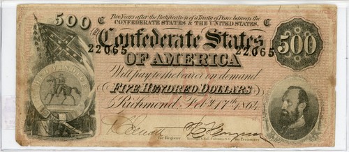 1864 $500 Confederate States of America Note in Fine+ Condition #22065 ...