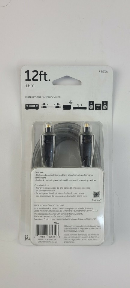 GE Pro Digital TOSLINK Fiber Optic Cable with Mini TOSLINK Adapters, 12 ...