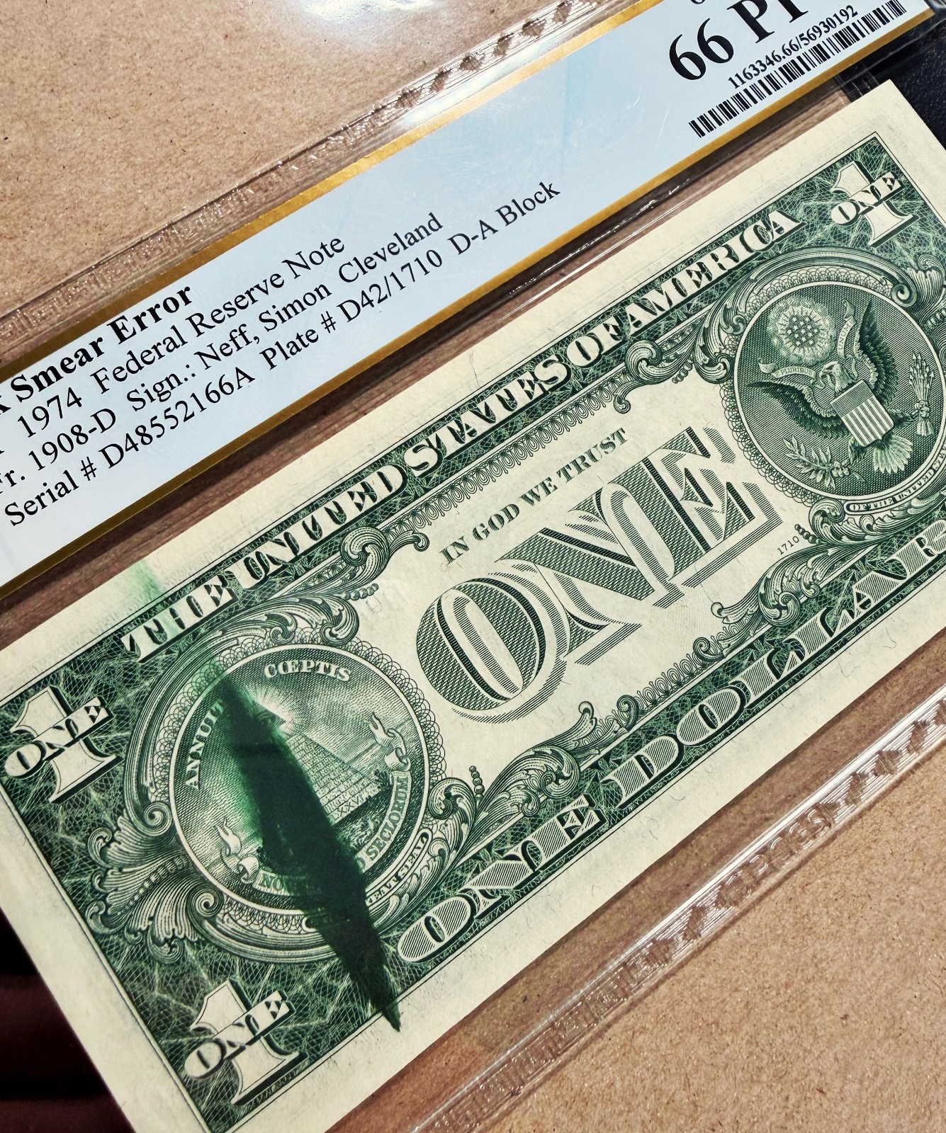 Fr. 1908-D 1974 $1 Federal Reserve Note CLEVELAND "INK SMEAR ERROR ...