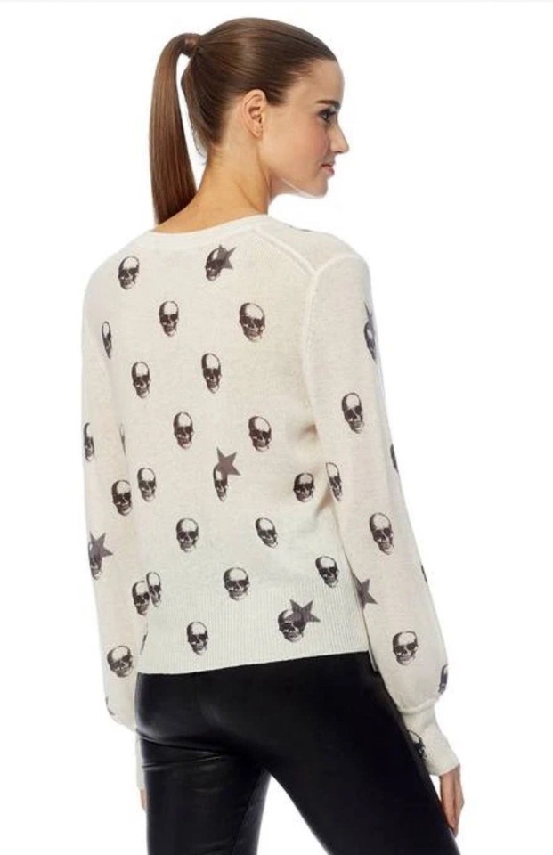 Skull Cashmere Jamie Skull & Star Print V-Neck Cashmere Sweater White ...