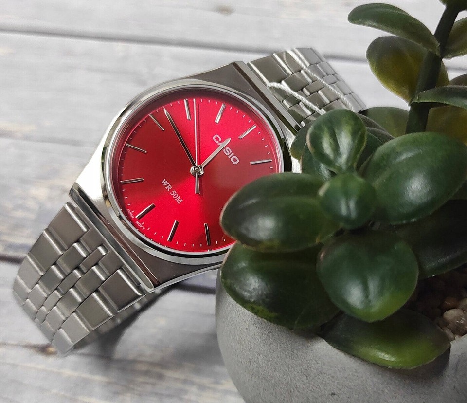 Casio MTP-B145D-4A2 Red Dial Analog Minimalist Stainless Steel Quartz ...