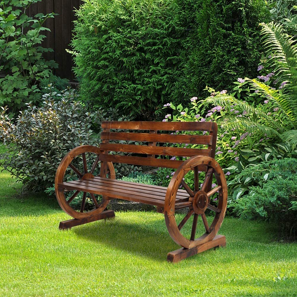 2 Person Rustic Wagon Wheel Bench Garden Loveseat Porch Patio Outdoor ...