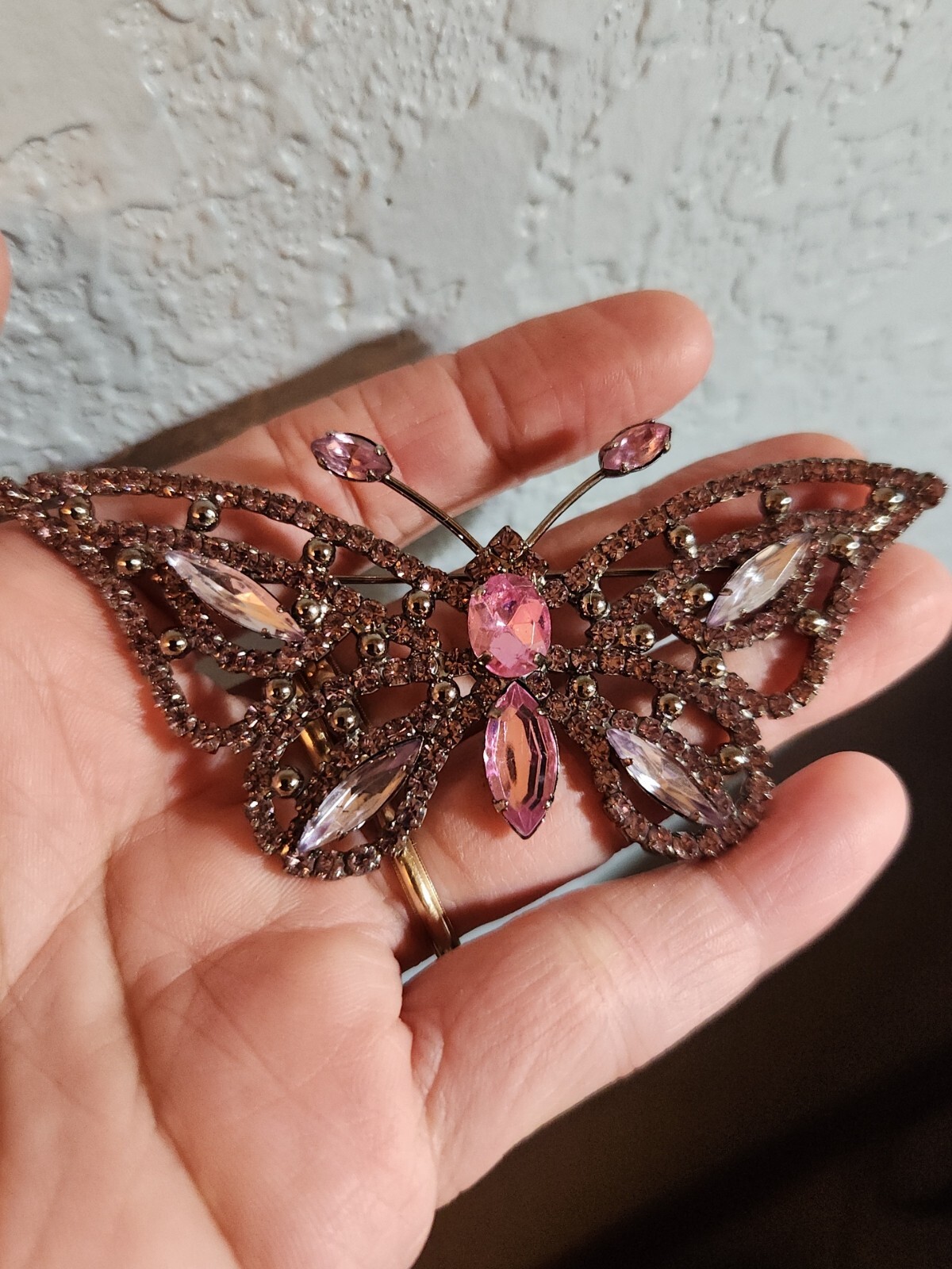 Vintage big pink Rhinestone Butterfly Brooch. 4x1.5 i… - Gem
