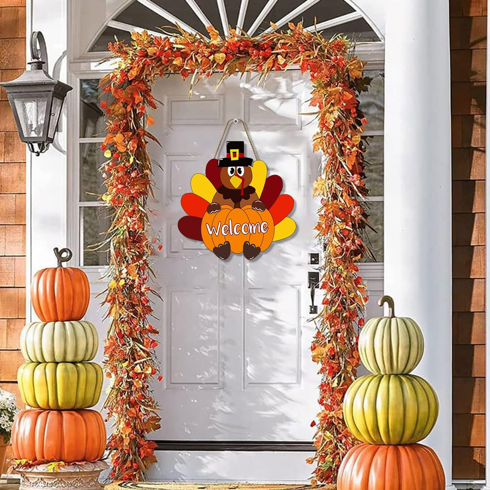 Thanksgiving Turkey Door Sign - Welcome Wreath for Front Door, Wood ...