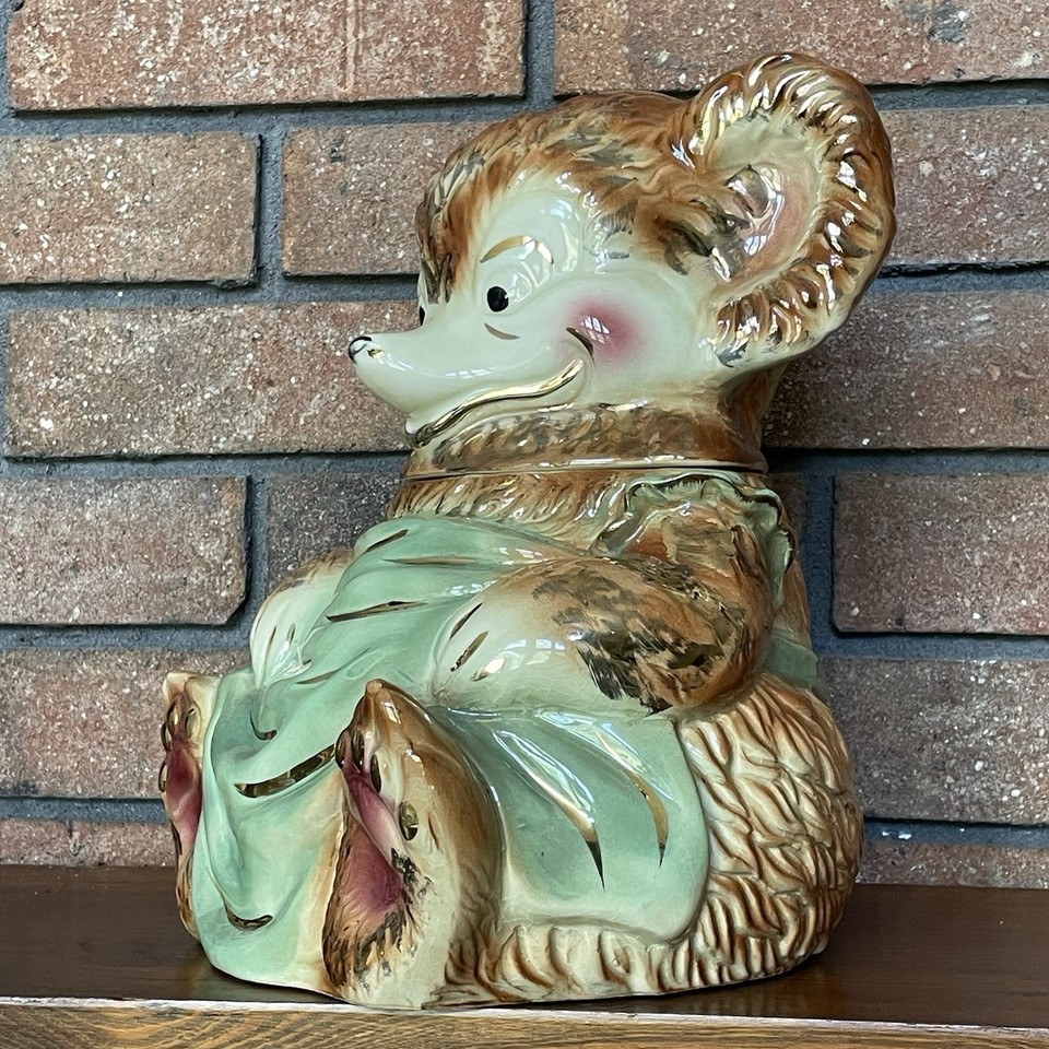 Rare Vintage Gold Trim Brush McCoy Cookie Jar Teddy Bear With Green ...