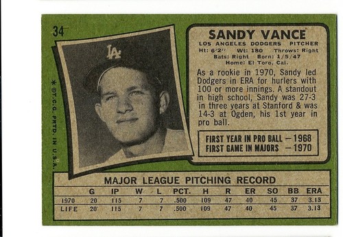 1971 TOPPS LOS ANGELES DODGERS SANDY VANCE #34 EX EXMT ROOKIE CARD | eBay