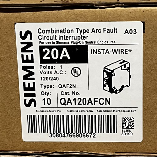 LOT OF 10 SIEMENS QA120AFCN 20A AMP AFCI PLUG ARC FAULT NEUTRAL BREAKER ...