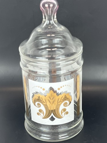 Libbey Mid Century Glass Covered Tiered Jar Candy Dish Gold Fleur De ...